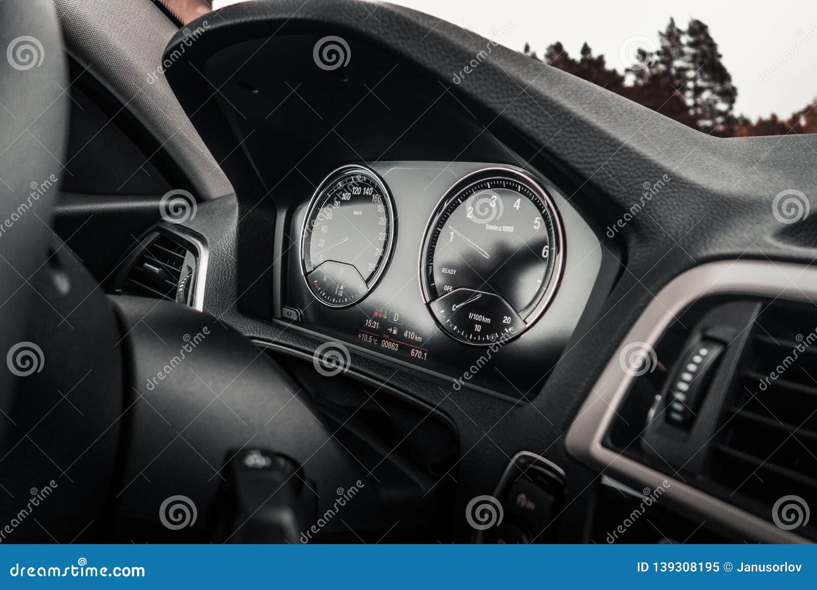 View from Modern Car Instrument Panel with Gauges Stock Image - Image ...