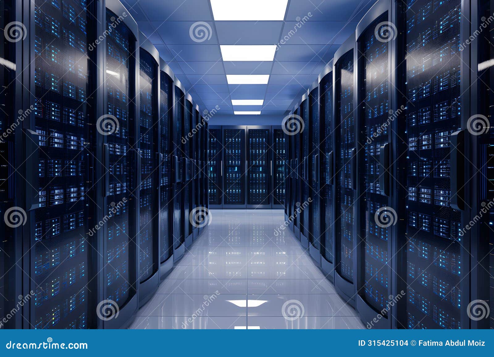 View Modern Data Center Server Room with Blue Lights, Digital ...