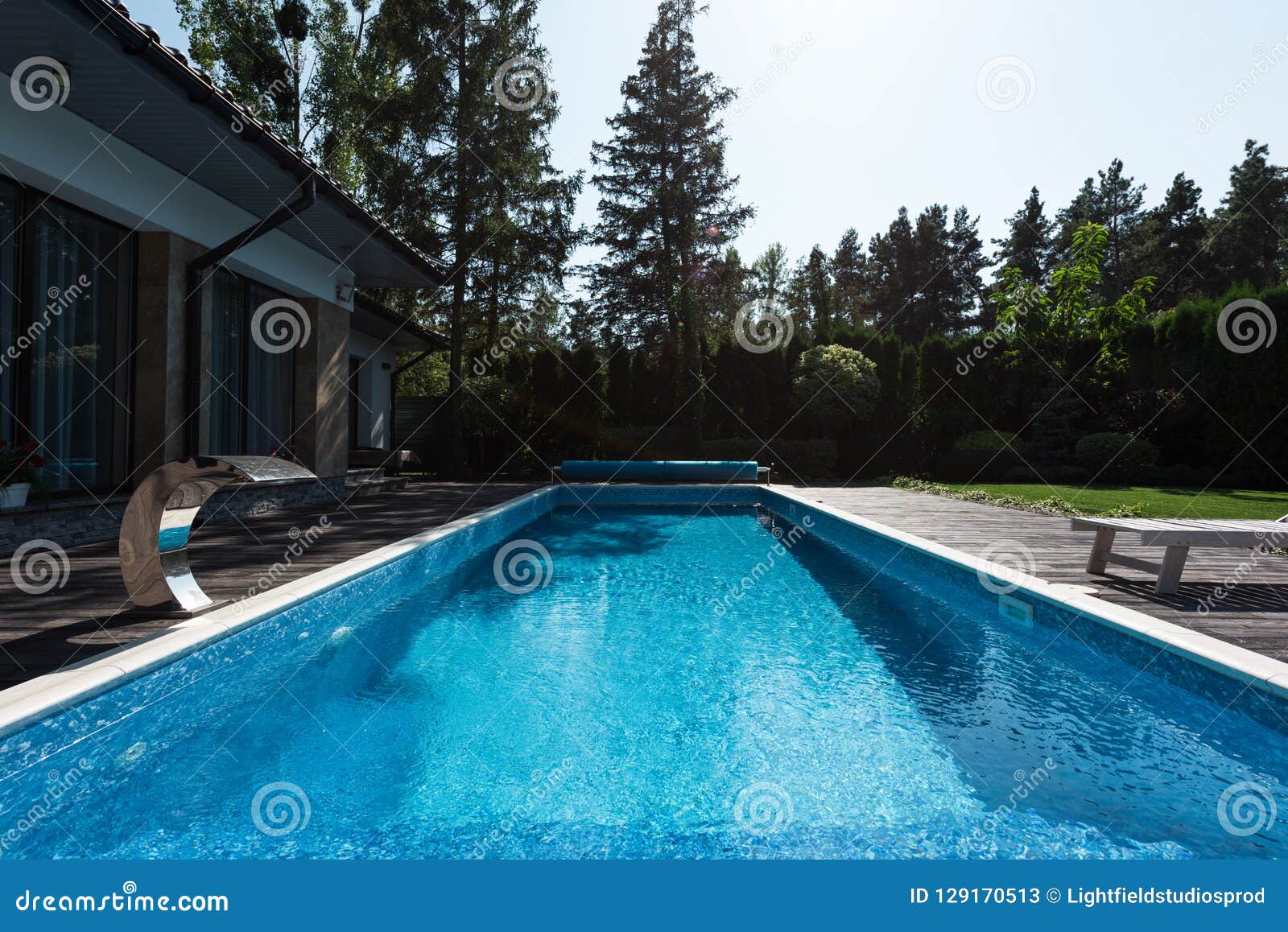 View of Modern House with Blue Swimming Stock Image - Image of leisure ...