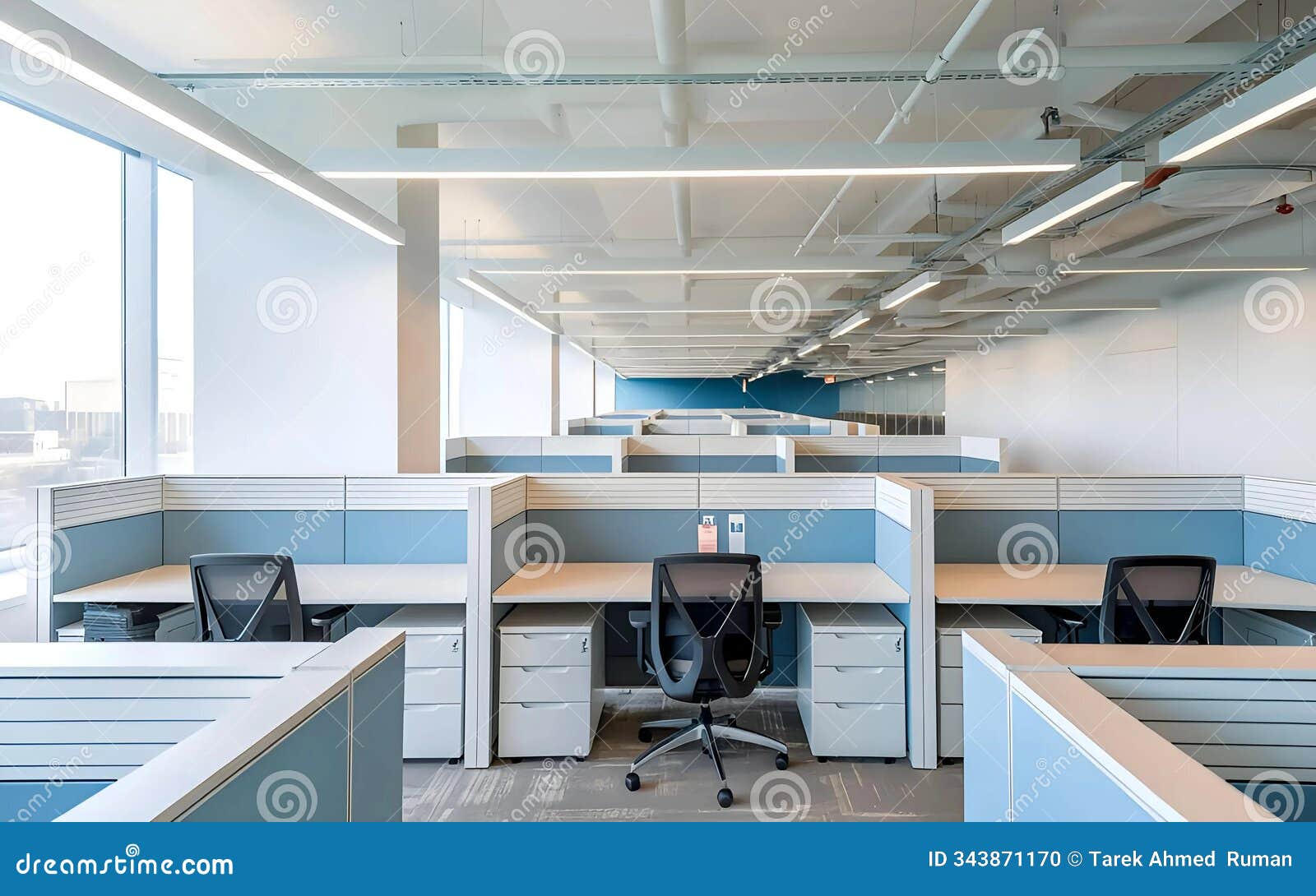 A View of Modern Office Cubicles with Blue and White Design. the ...