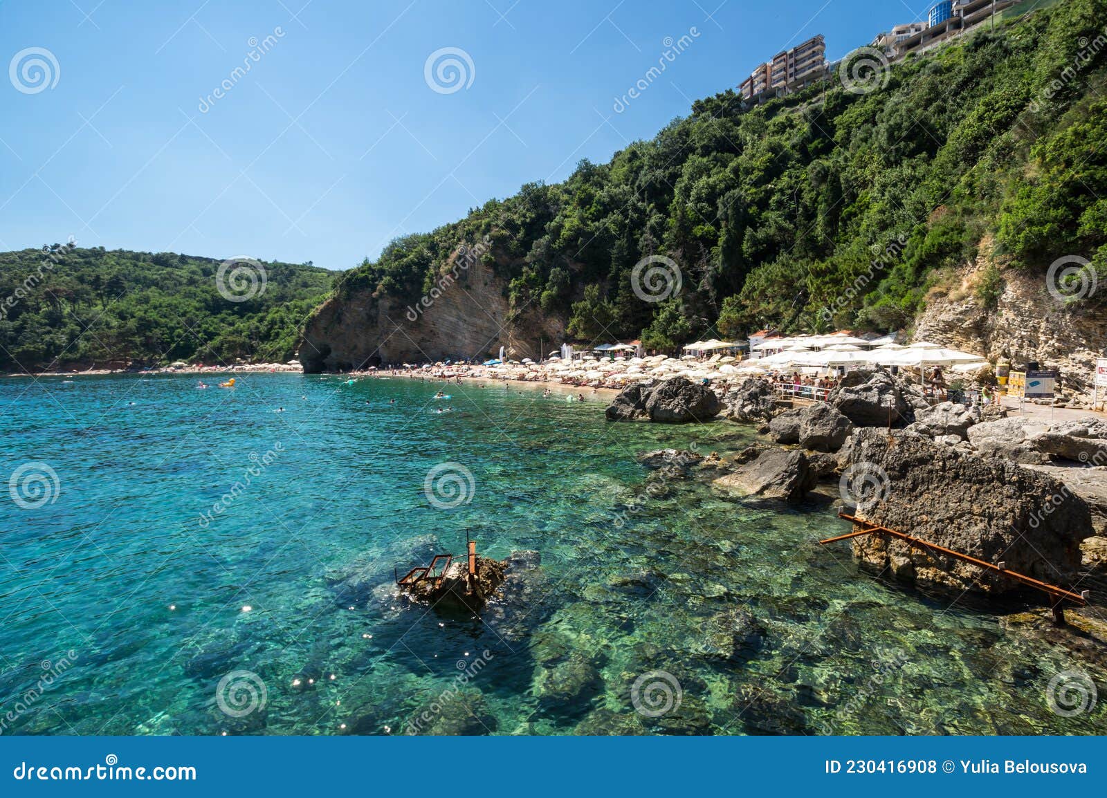 View of Mogren Beach in Budva Stock Photo - Image of mountain ...