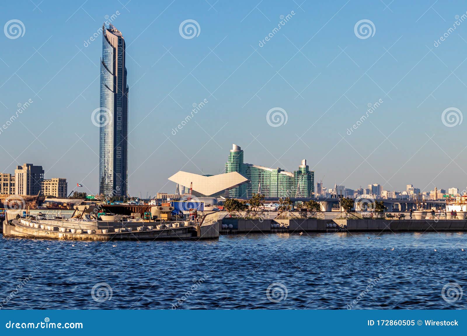 View of Mohammed Bin Rashid Library and Dubai Skyline from Dubai Creek ...