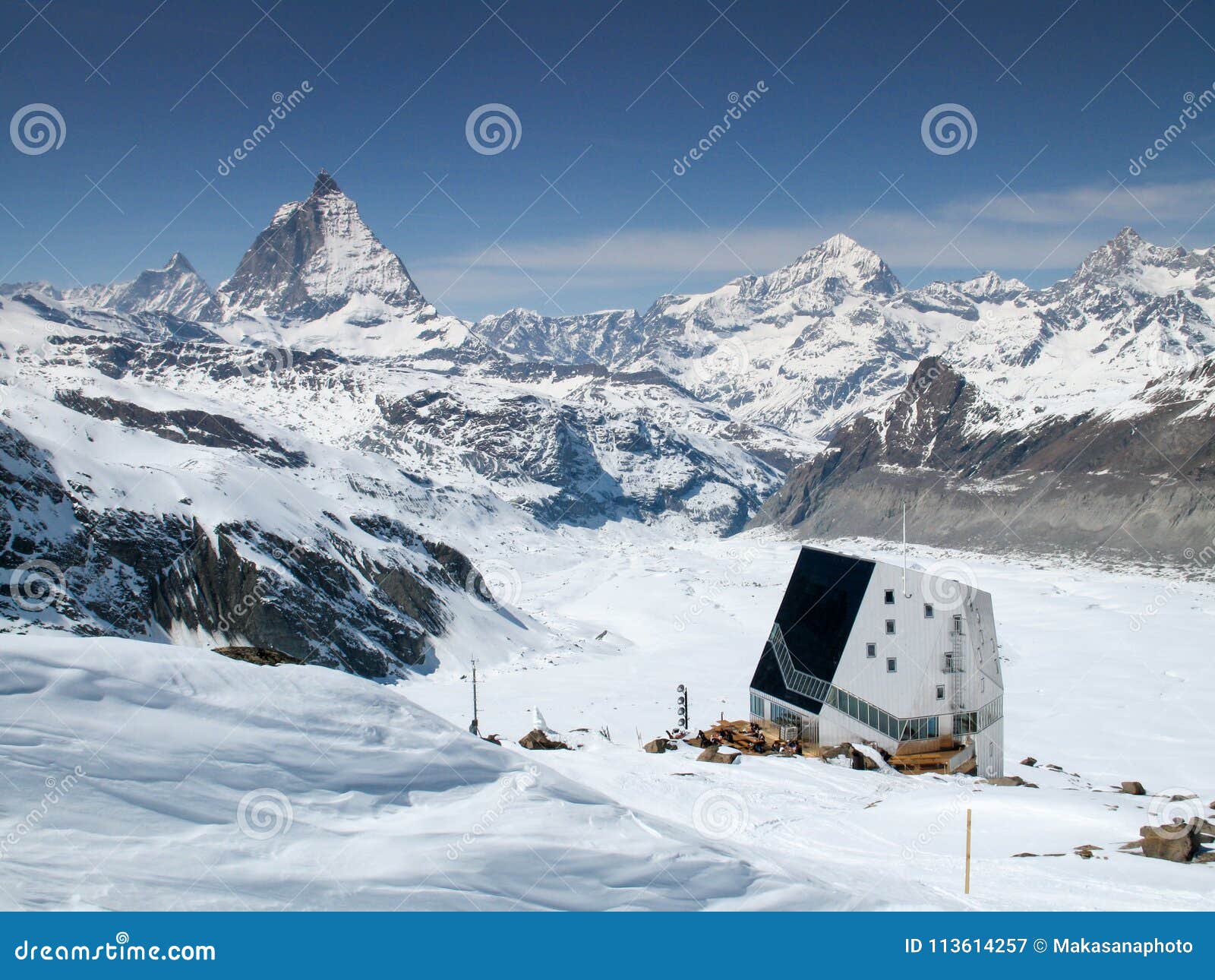 View of the Monte Rosa Mountain Hut and Gorner Glacier with the ...