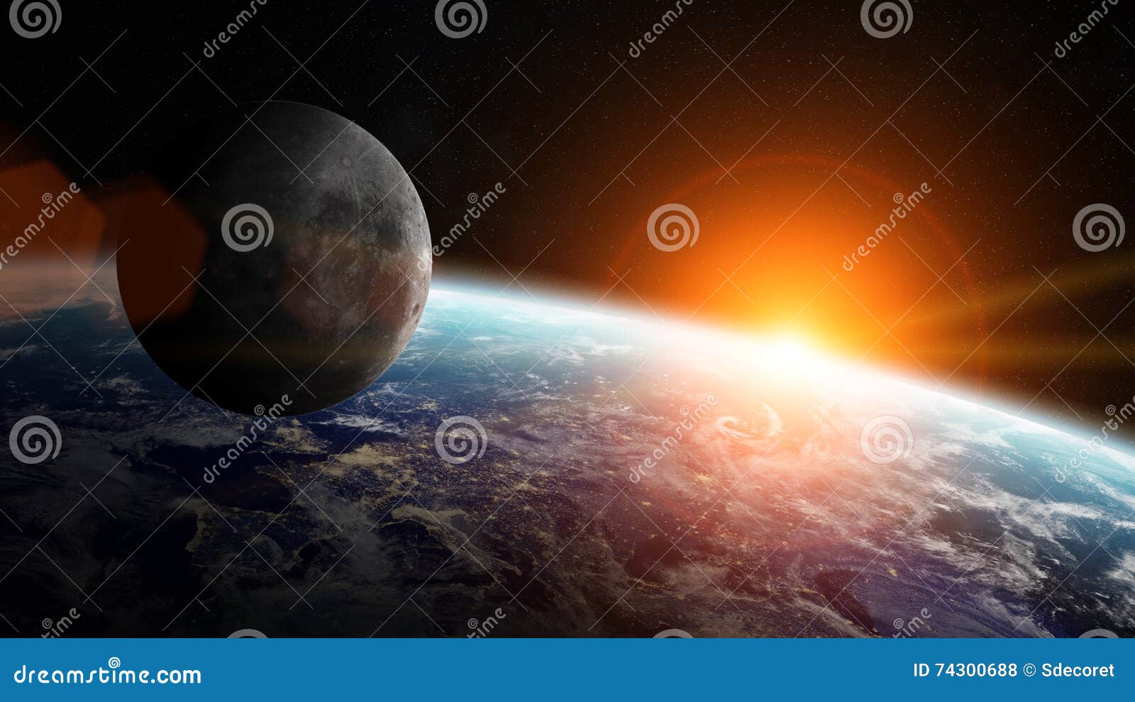 View of the Moon Close To Planet Earth in Space Stock Illustration ...