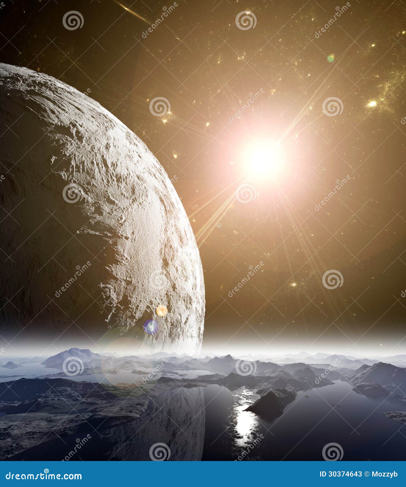 Planet With Moons Orbiting In Frame With Stars Cartoon Vector ...