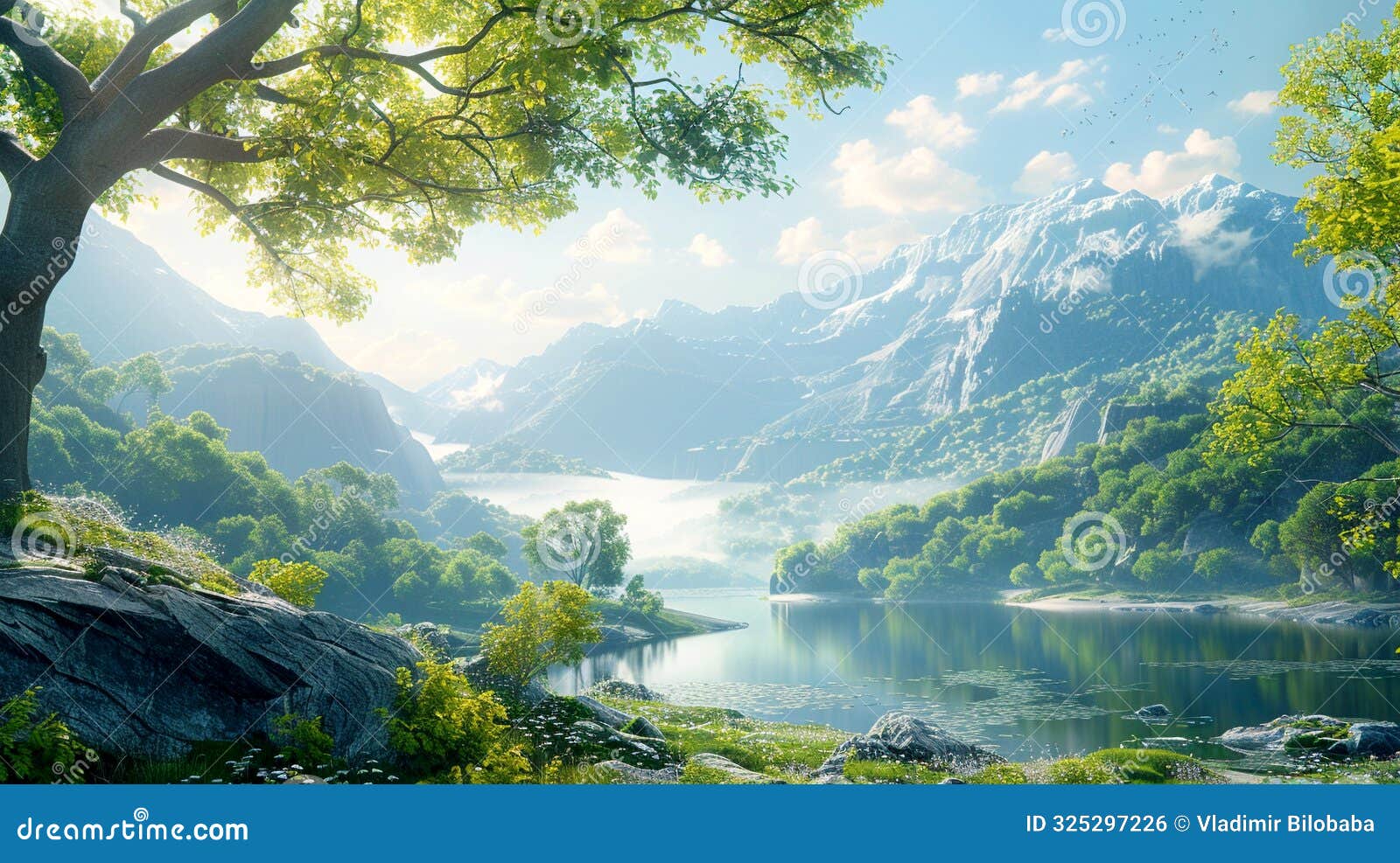 Mountain Lake View from Tree Canopy Stock Illustration - Illustration ...