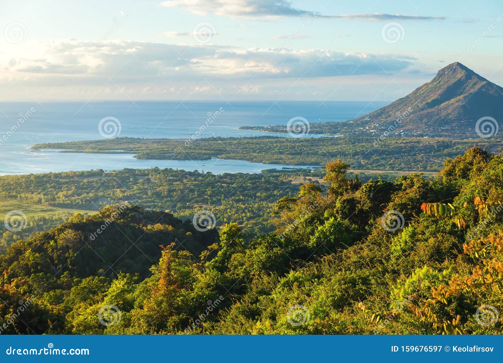 View of the Mountain, Ocean and Tamarin in Evening. Mauritius Stock ...