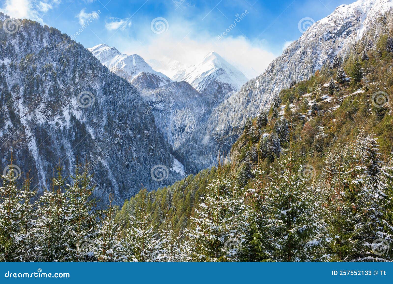 View at Mountain Ravine with Snow Capped Mountain Peaks Stock Image ...