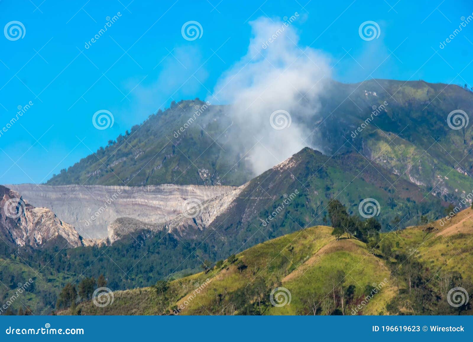 View of Mountain Ridges and Sloping Hills with Trees Under a Clear Blue ...