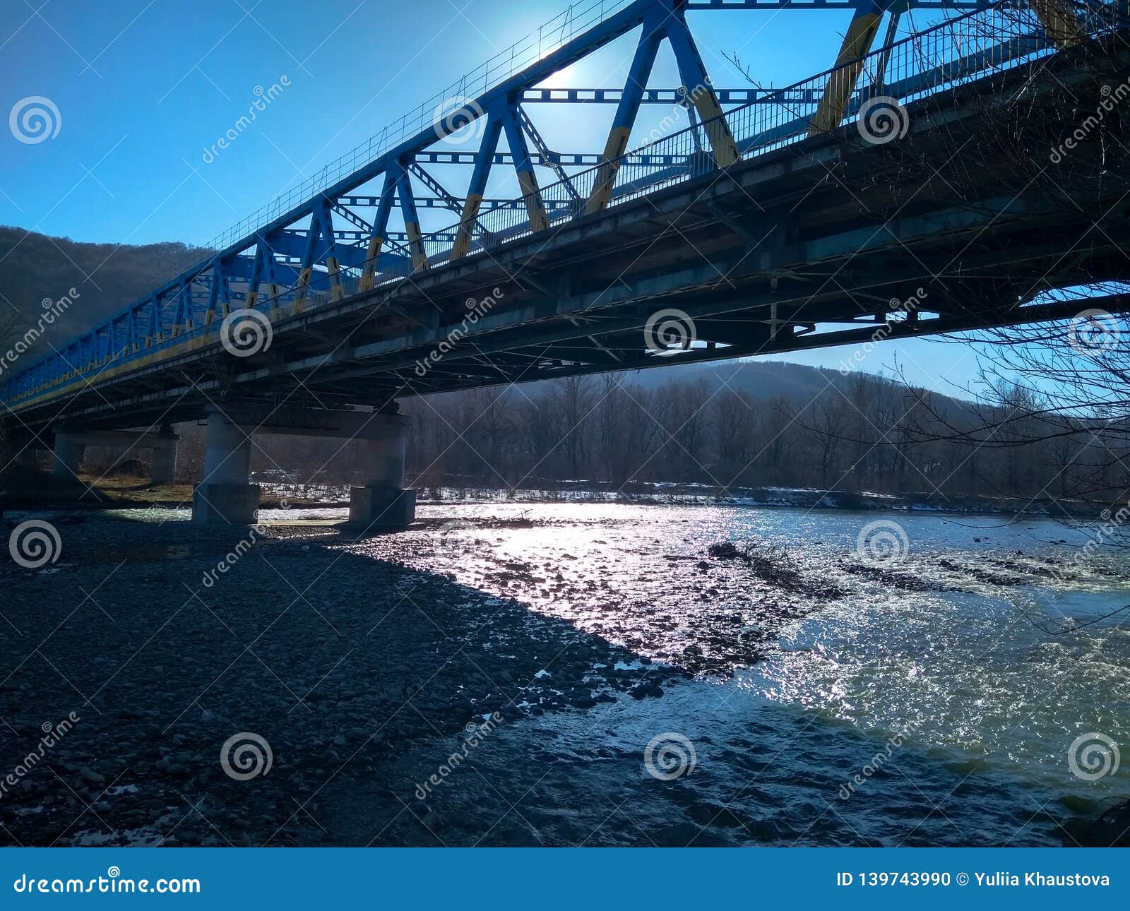 View of the Mountain River and Bridge at Winter Stock Photo - Image of ...