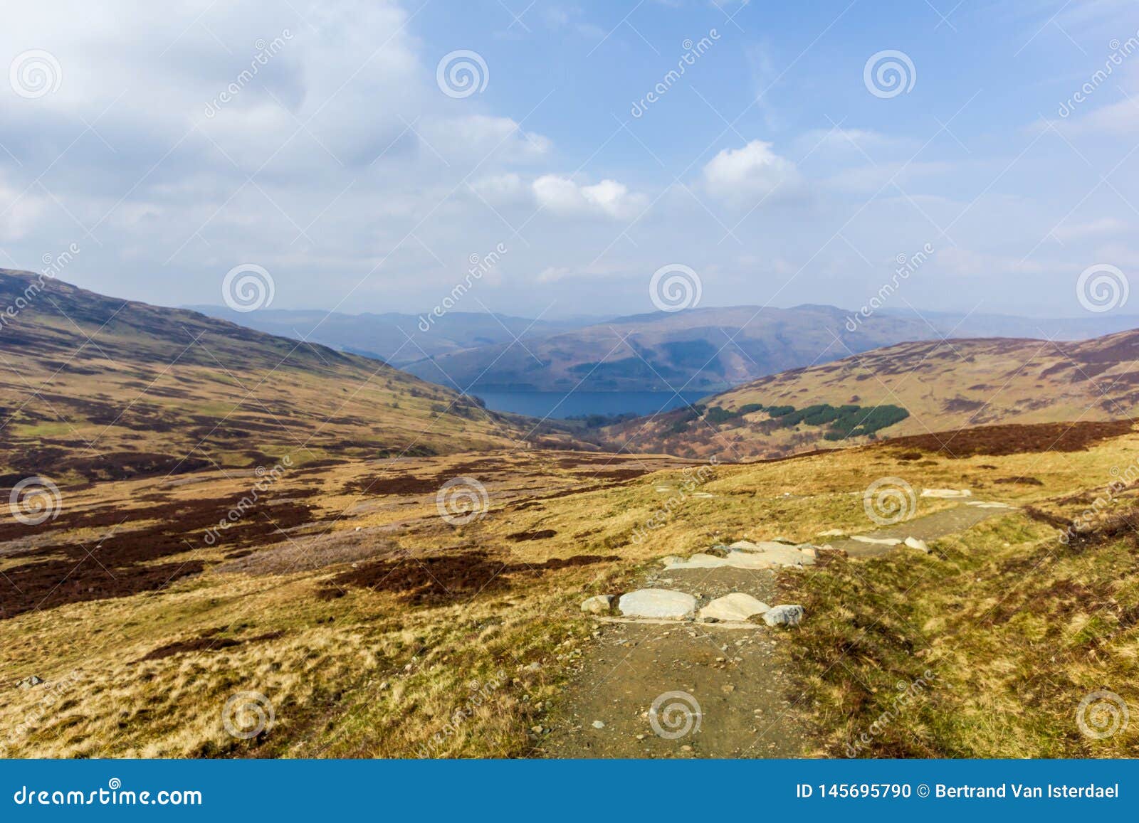 A View of a Mountain Valley with Path,grass and Lake in the Background ...