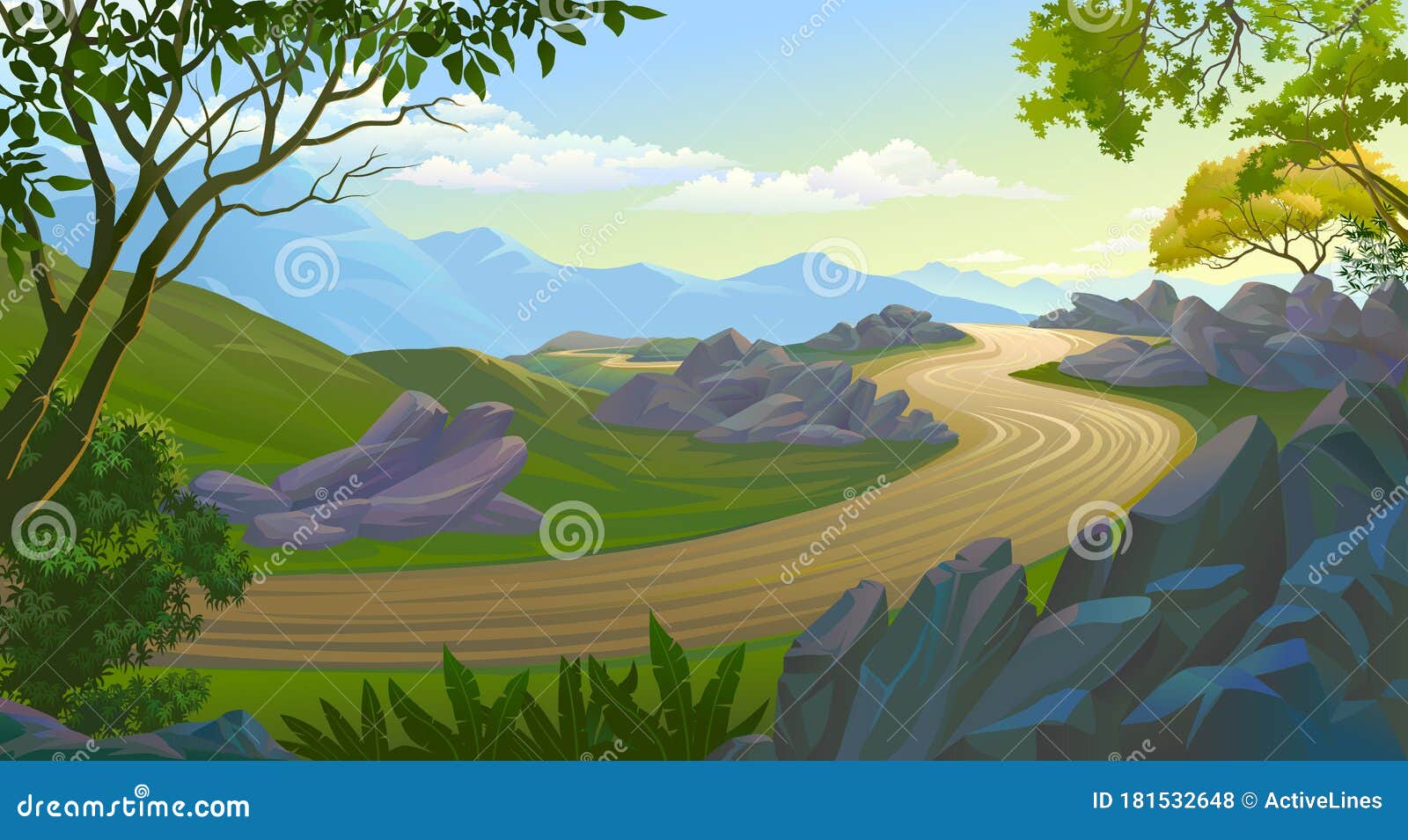 View of the Mountains from a Distant Pathway Stock Vector ...