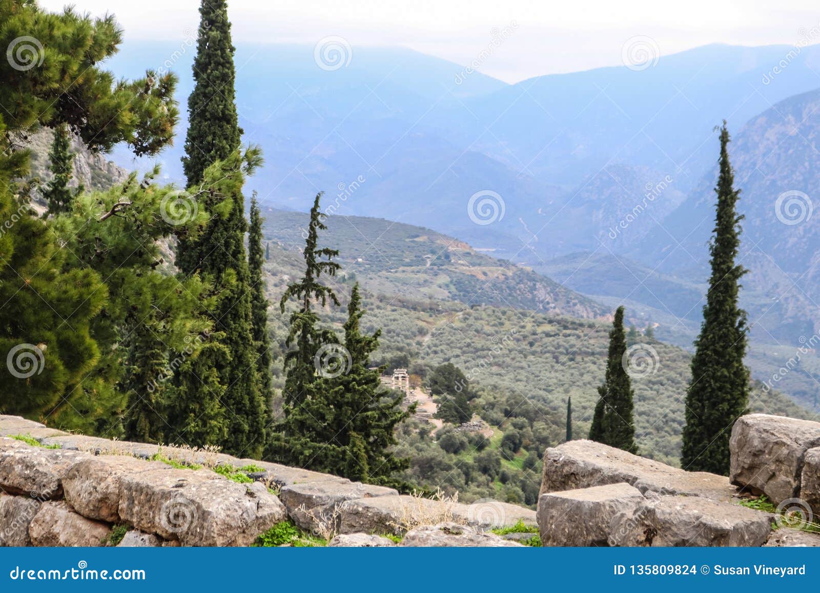 View from Mountainside Archeological Site of Ancient Delphi Greece ...