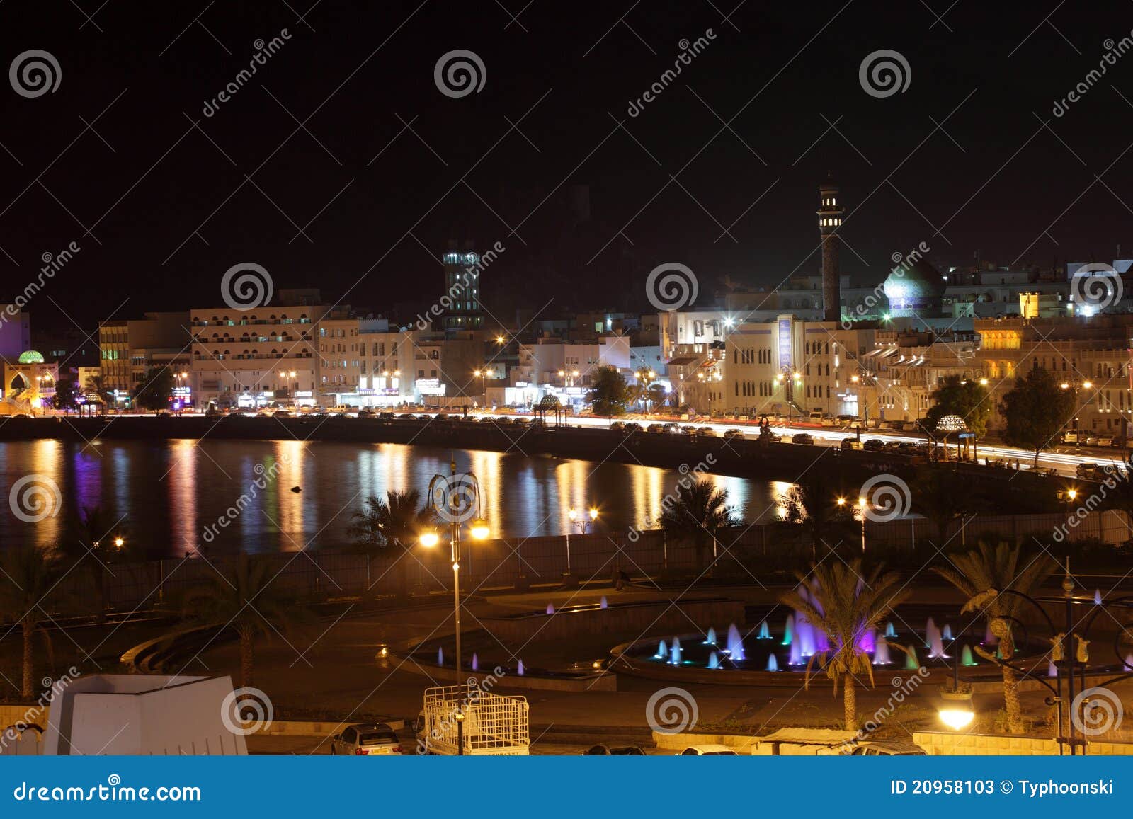 View of Muttrah Corniche at Night Stock Image - Image of mosque ...