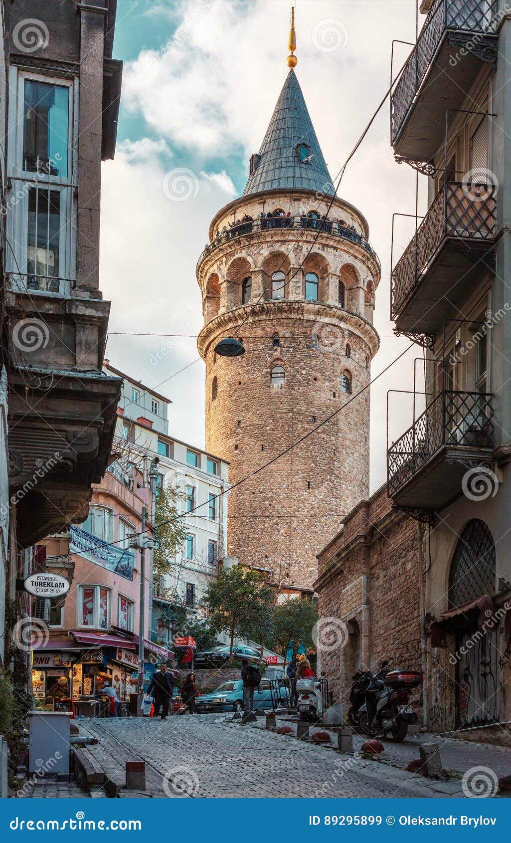 View of Narrow Downtown Street and Galata Tower in Istanbul City ... View of Narrow Downtown Street and Galata Tower in Istanbul City ...