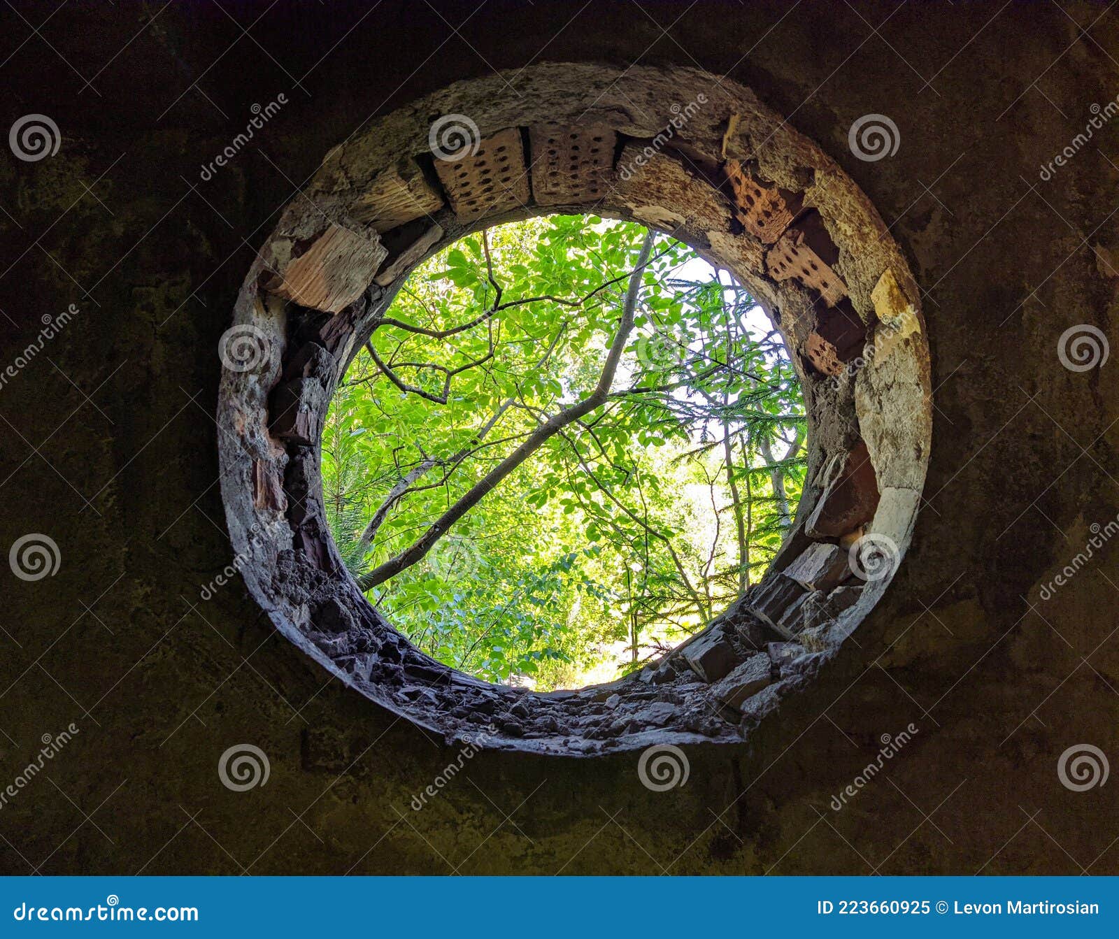 View of Nature through an Old and Broken Round Window Stock Image ...