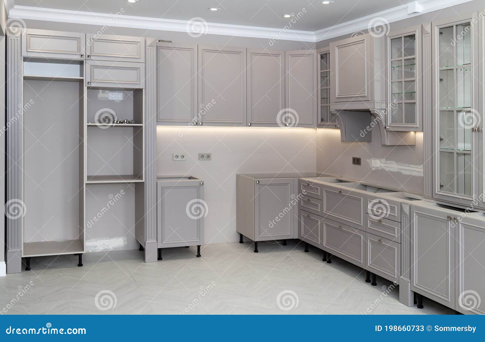 View of the New Elegant Corner Kitchen during Assembly Stock Image ...