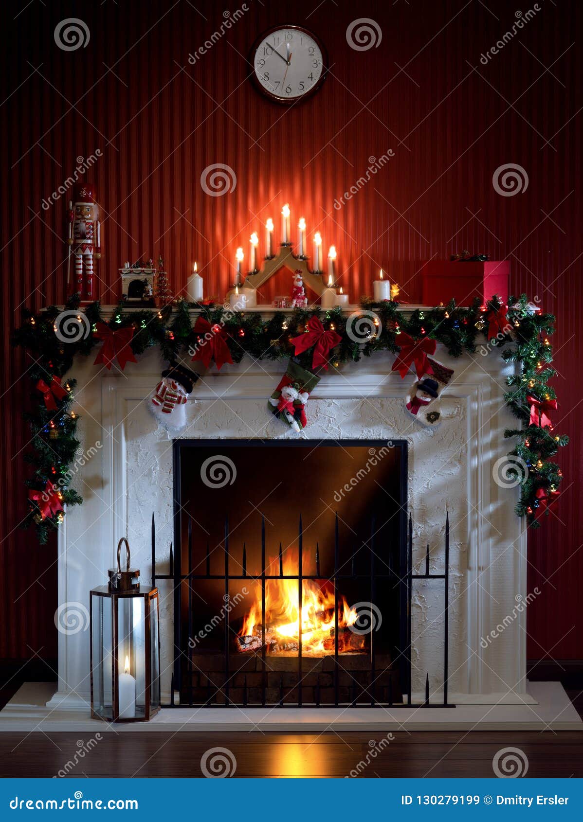 View of Nice White Christmas Decorated Fireplace Stock Image - Image of ...