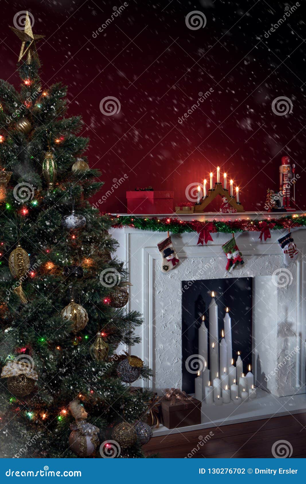 View of Nice White Christmas Decorated Fireplace Stock Photo - Image of ...