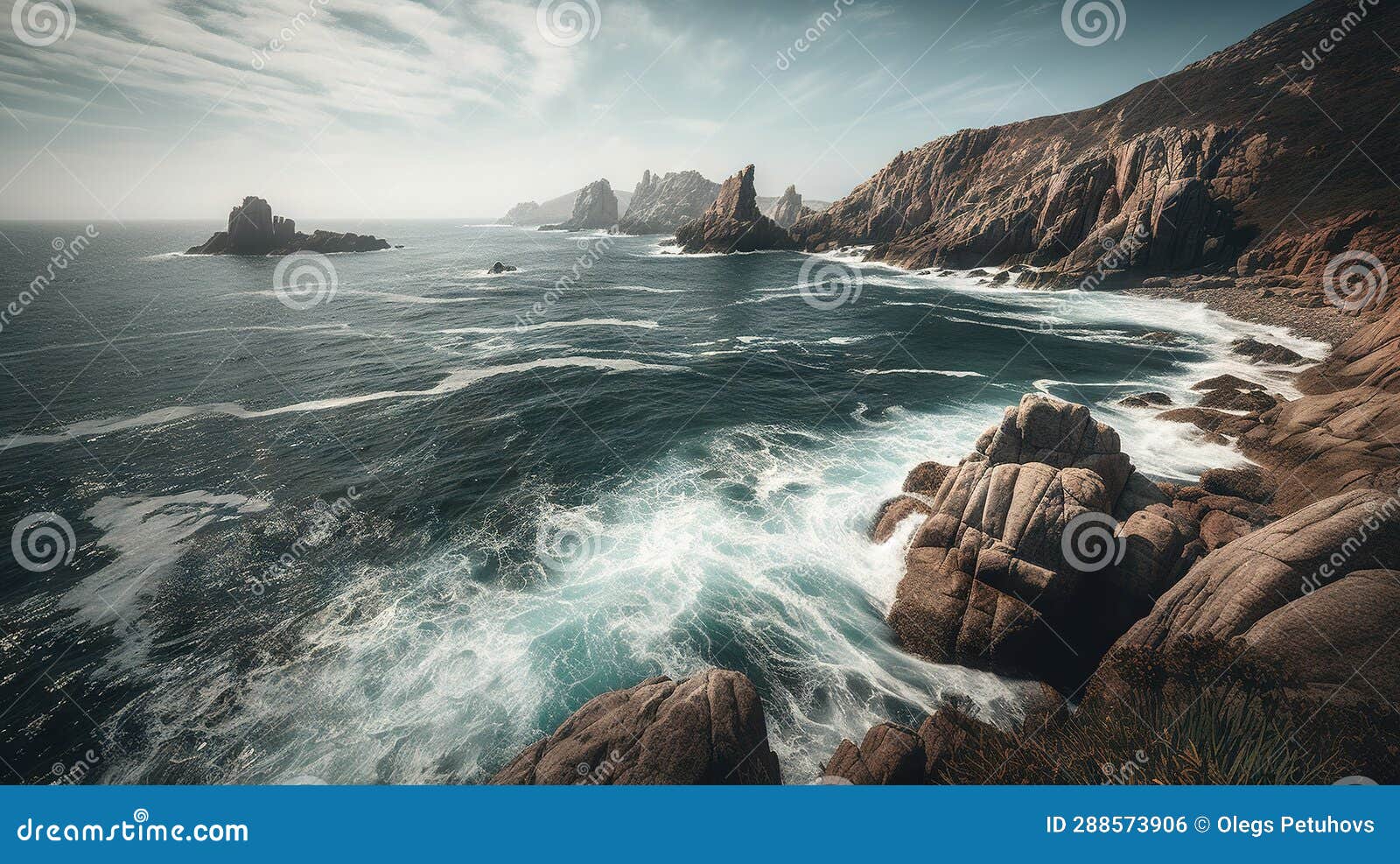 A View of the Ocean from a Rocky Cliff Side with Waves Crashing Against ...