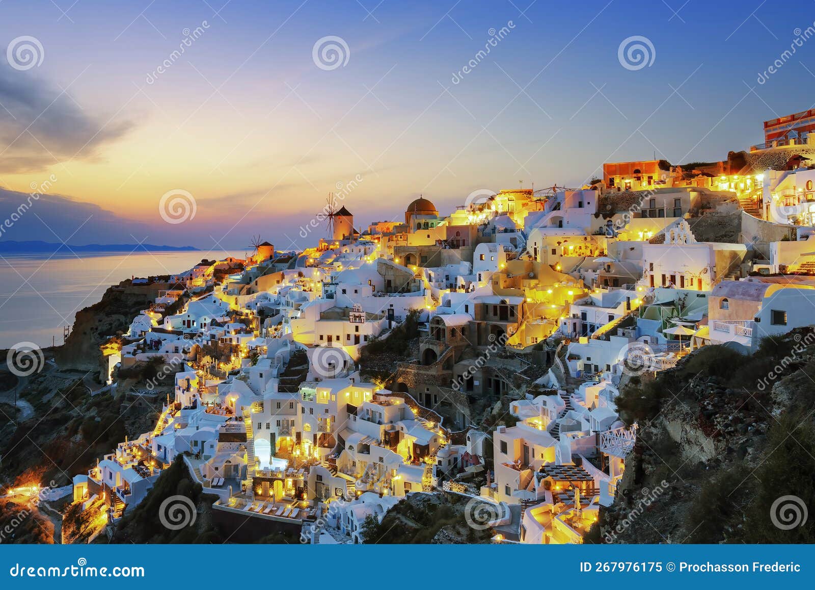 View of Oia at sunset stock image. Image of summer, island - 267976175