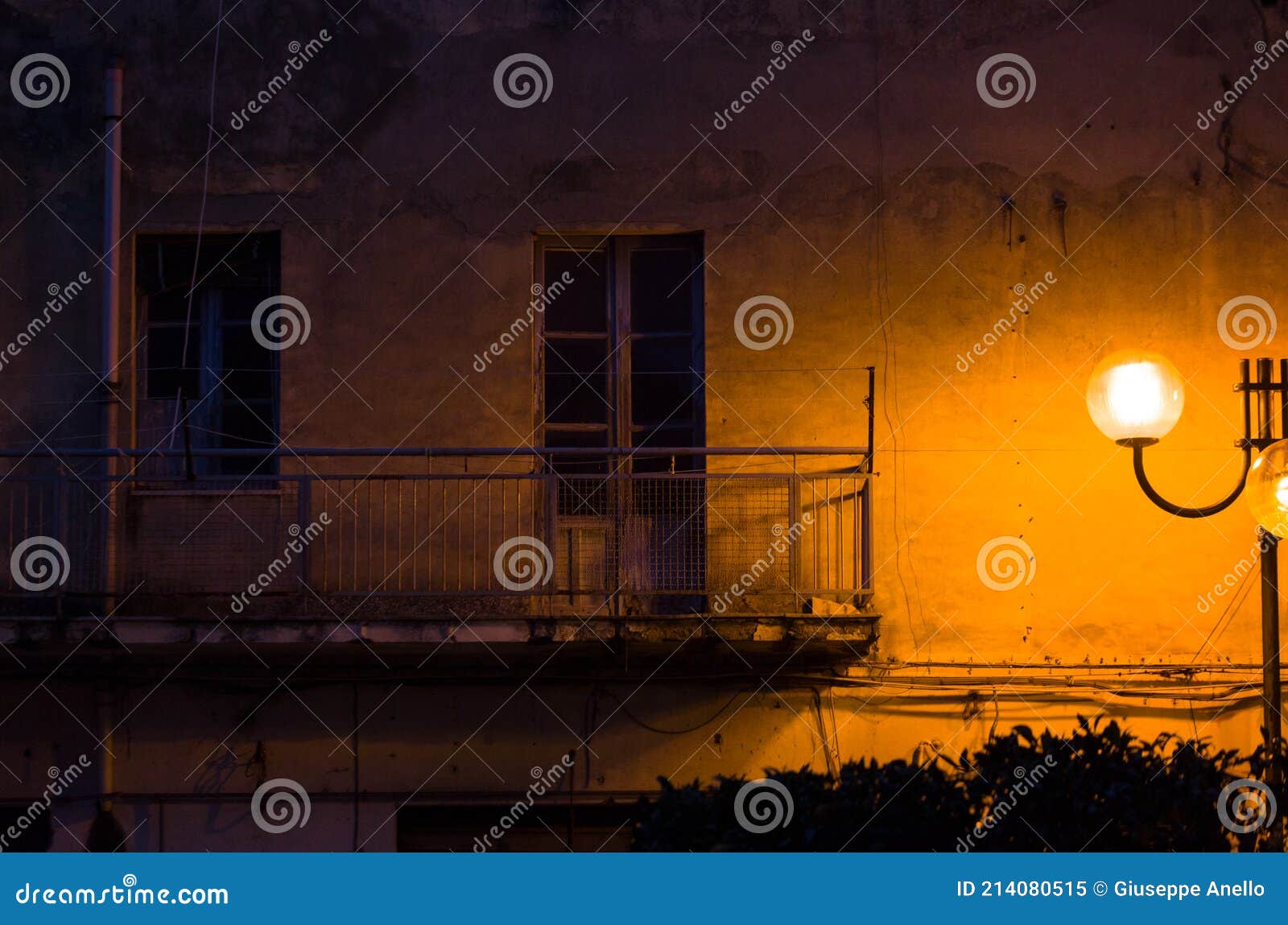 View of Old Balcony at Night Stock Image - Image of lamp, light: 214080515