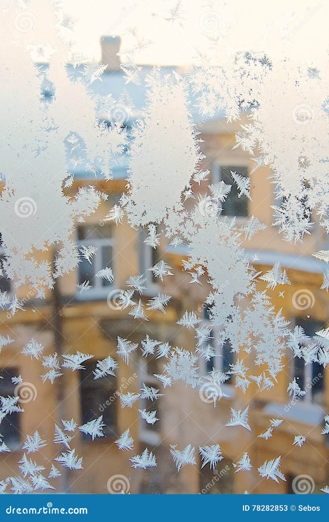 View of the Old City House from a Frozen Winter Window. Texture Ice ...