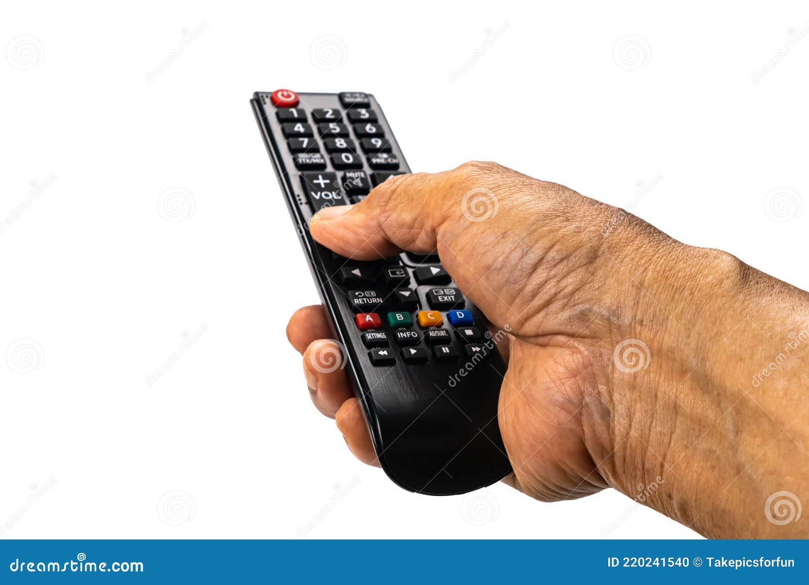 View of Old Man Hand Press the Button on Television Remote Control To ...
