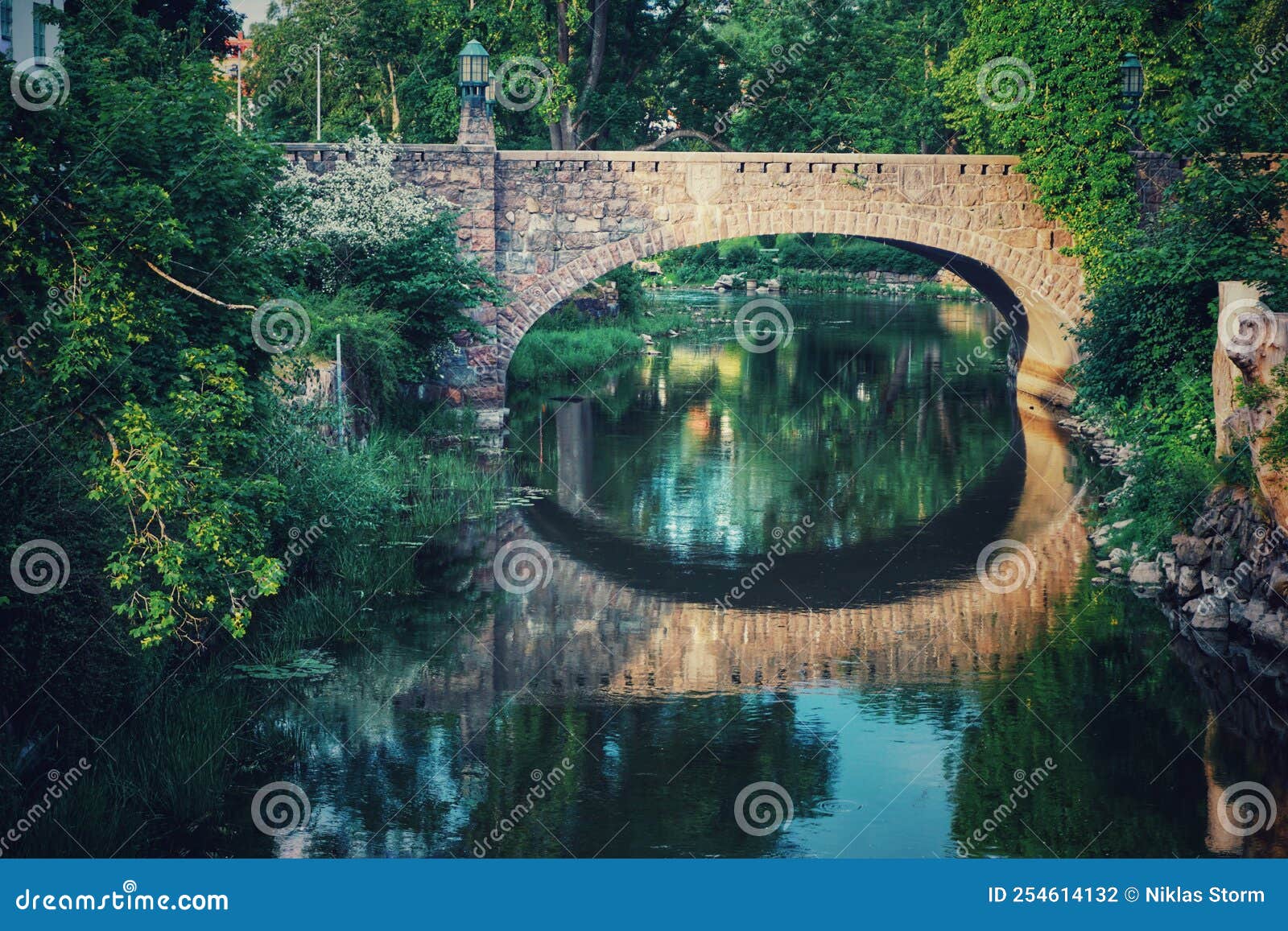 View of Old Stone Bridge Over River Stock Photo - Image of water, pond ...