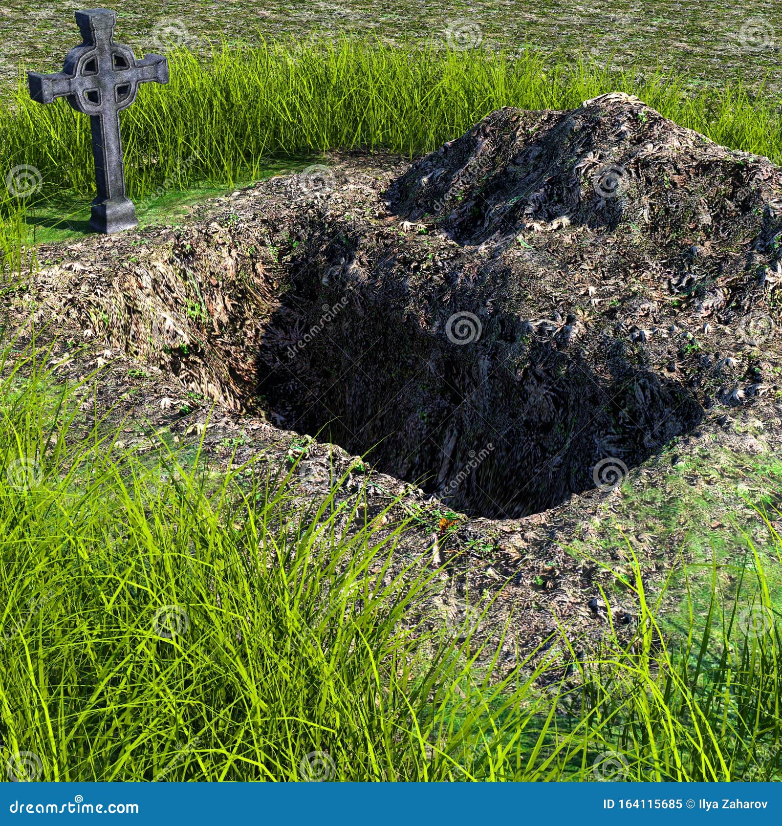 View of One Excavated Grave Surrounded by Grass with a Large Massive ...