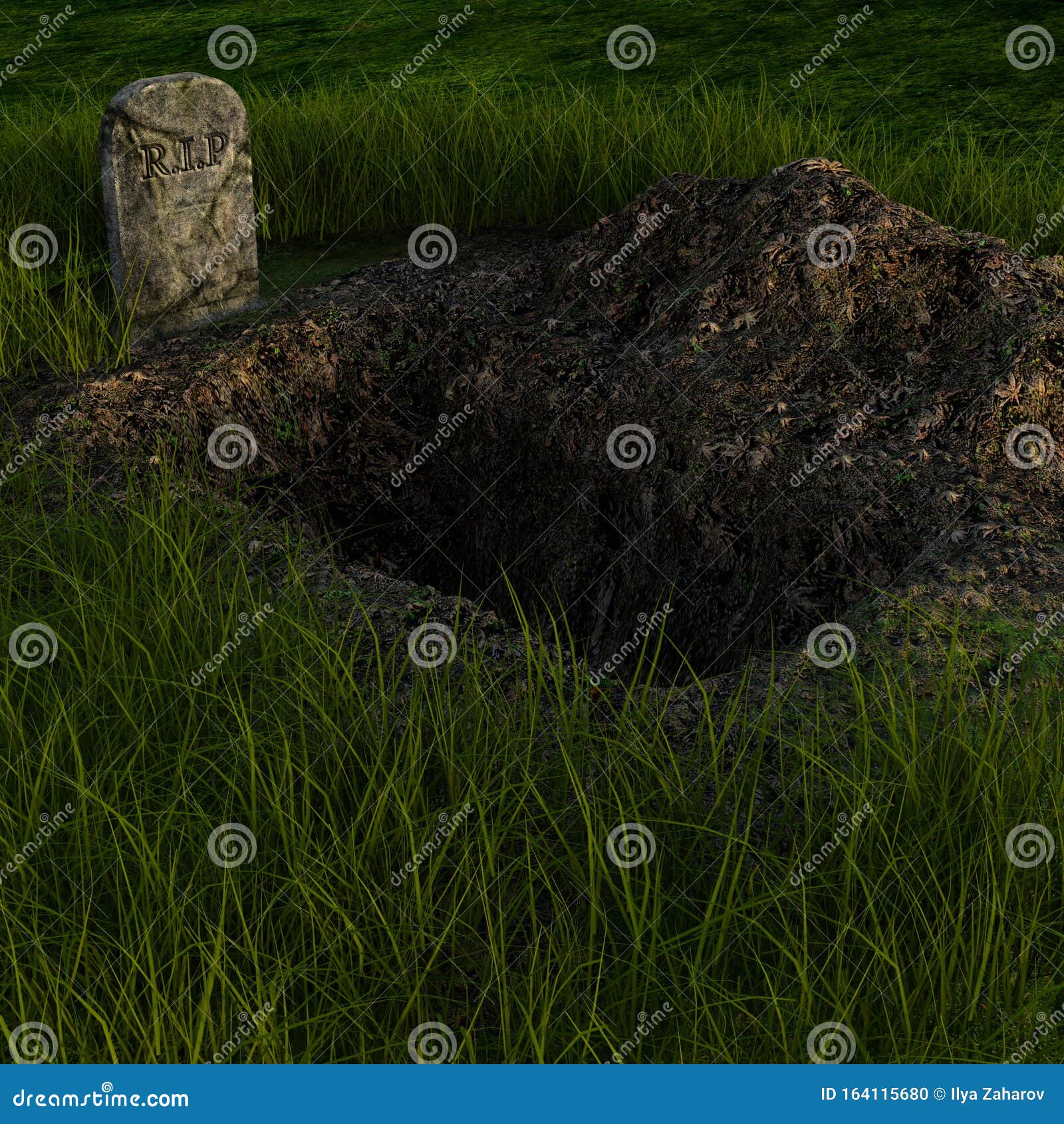 Open Grave. Coffin In Pit. Flowers Roses On Roof Of Tomb. Cartoon ...