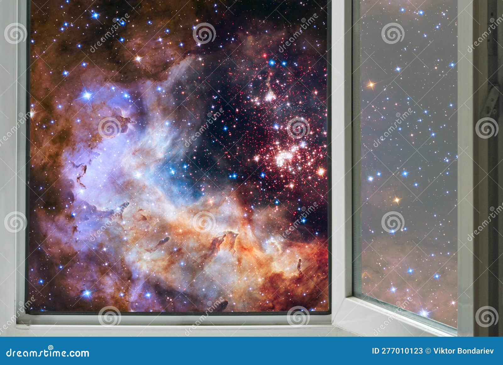 View from an Open Window on a Starry Sky with Brightly Glowing Stars ...