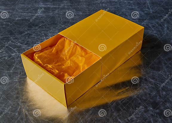 View of an Open Yellow Gift Box with Packaging Paper Inside Stock Photo ...