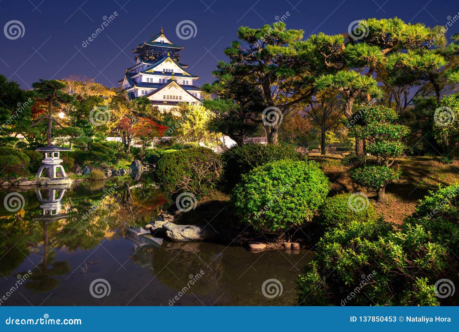 View on Osaka Castle from the Garden at Night, Japan Stock Image ...