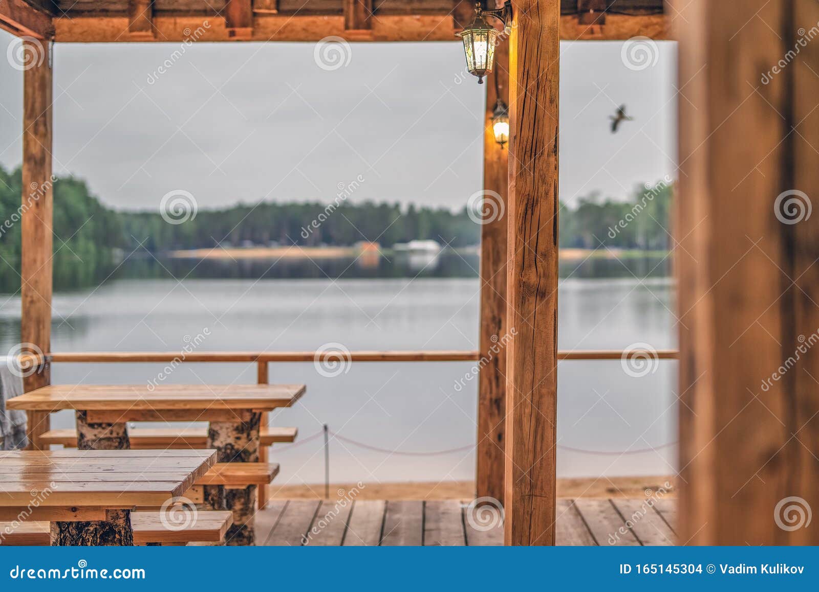View from an Outdoor Cafe on the Background of a Forest Lake Stock ...