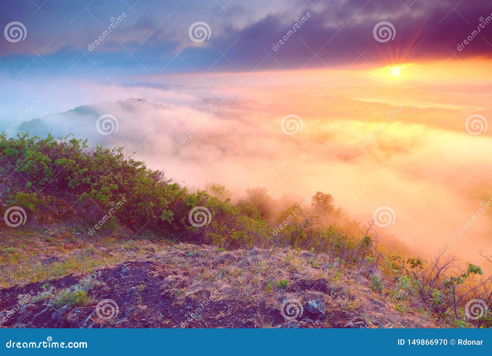View Over Sharp Peak of Basalt Formation into Misty Valley Stock Photo ...