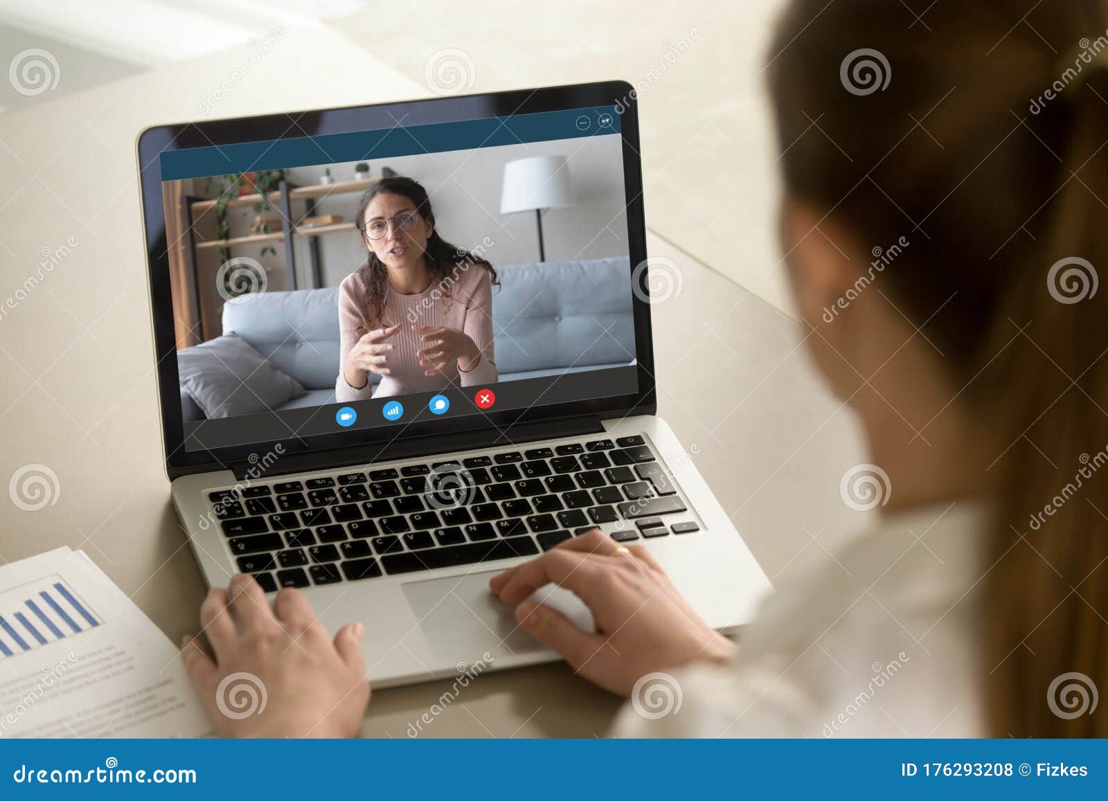 Laptop Monitor View Over Female Shoulder during Distant Job Interview ...
