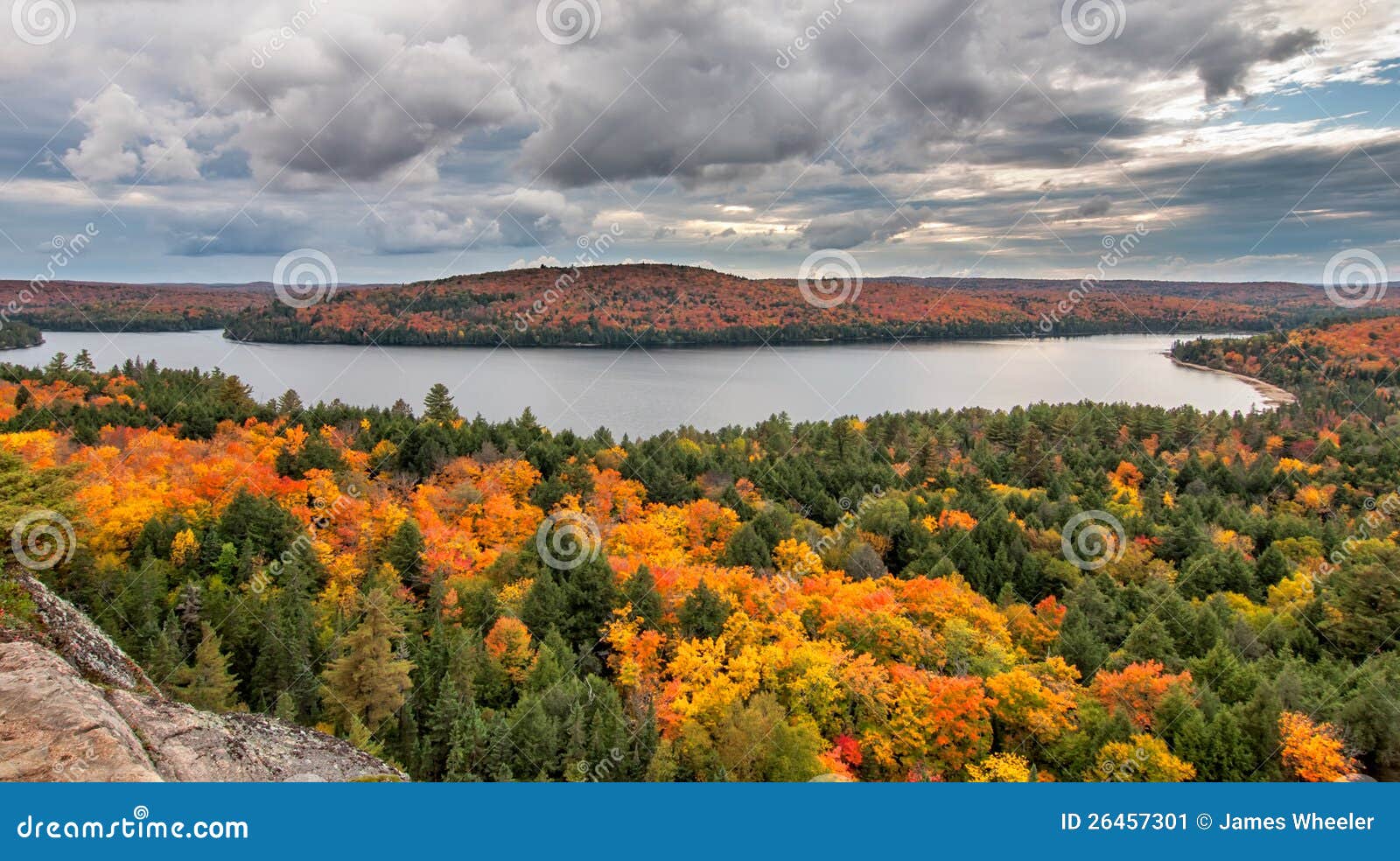 View Overlooking Lake and Changing Fall Trees Stock Image - Image of ...