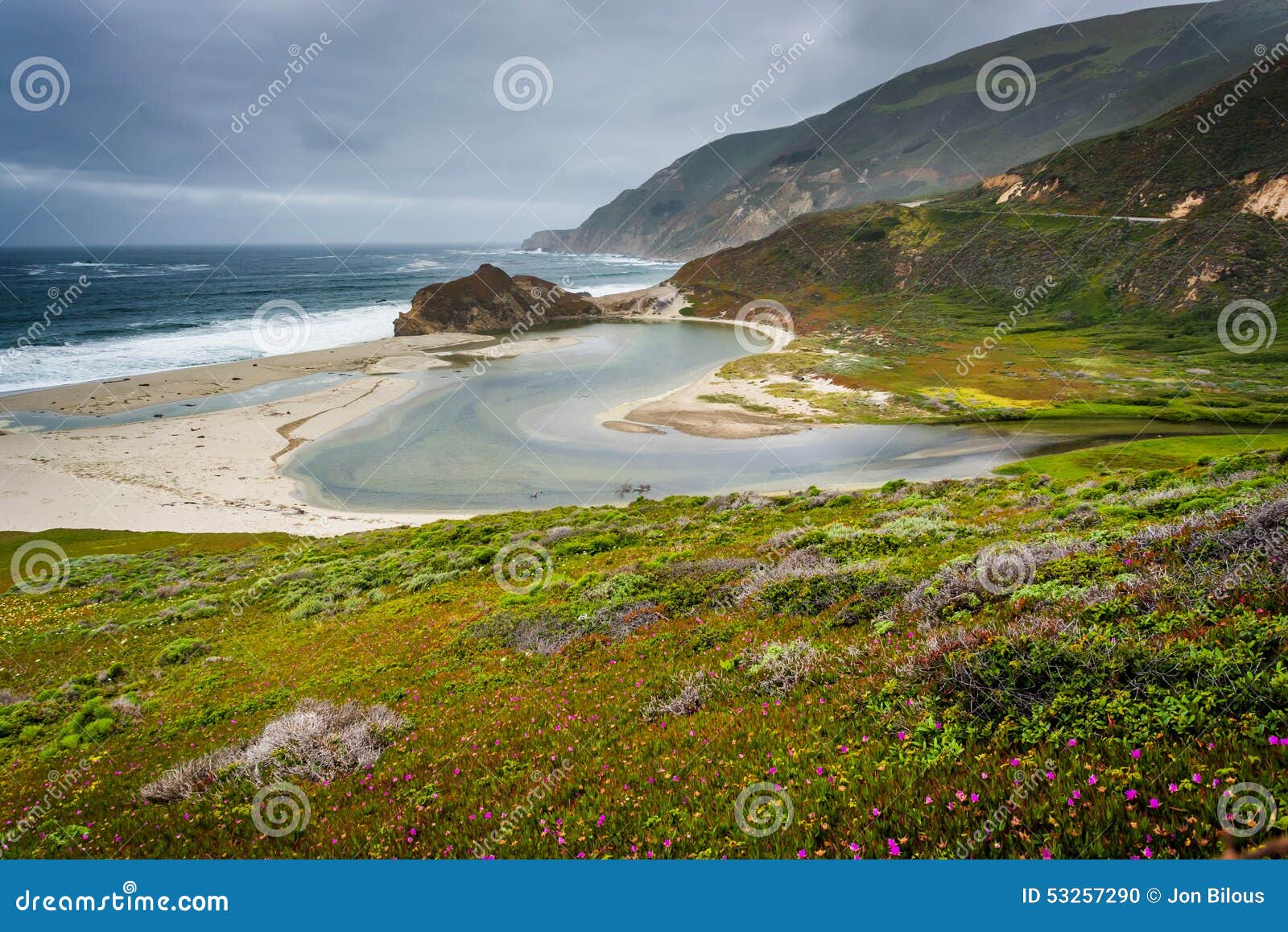 View of the Pacific Ocean and Big Sur River, in Big Sur Stock Photo ...