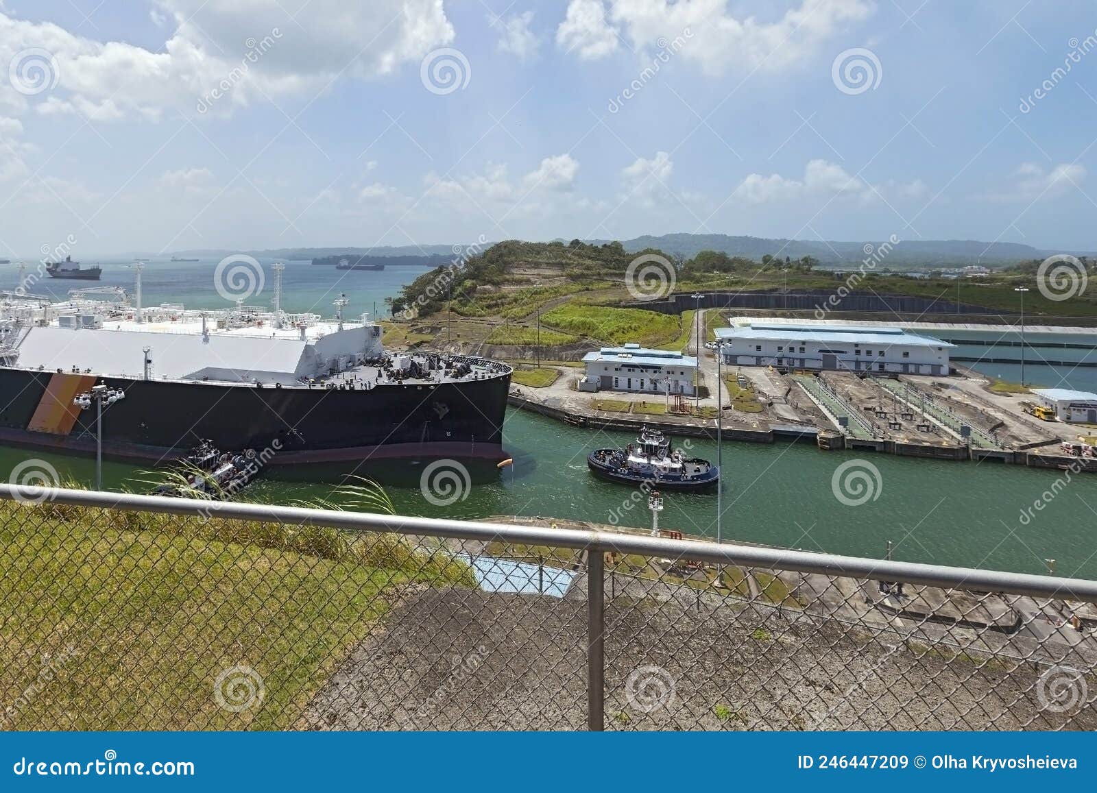 View of Panama Canal. Passage of a Ship through the Panama Canal Stock ...