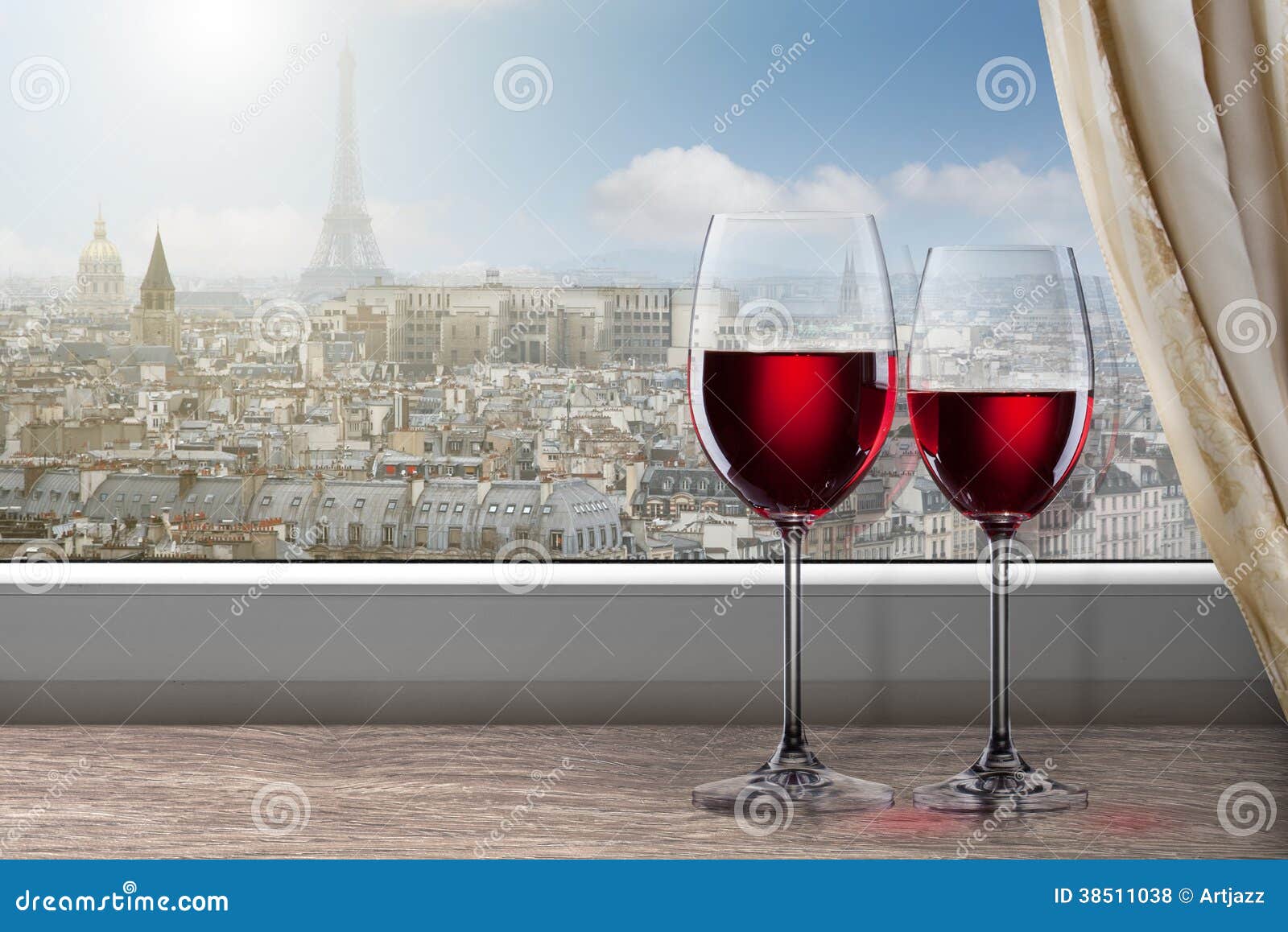 View of Paris and Eiffel Tower from Window with Two Wine Glasses Stock ...