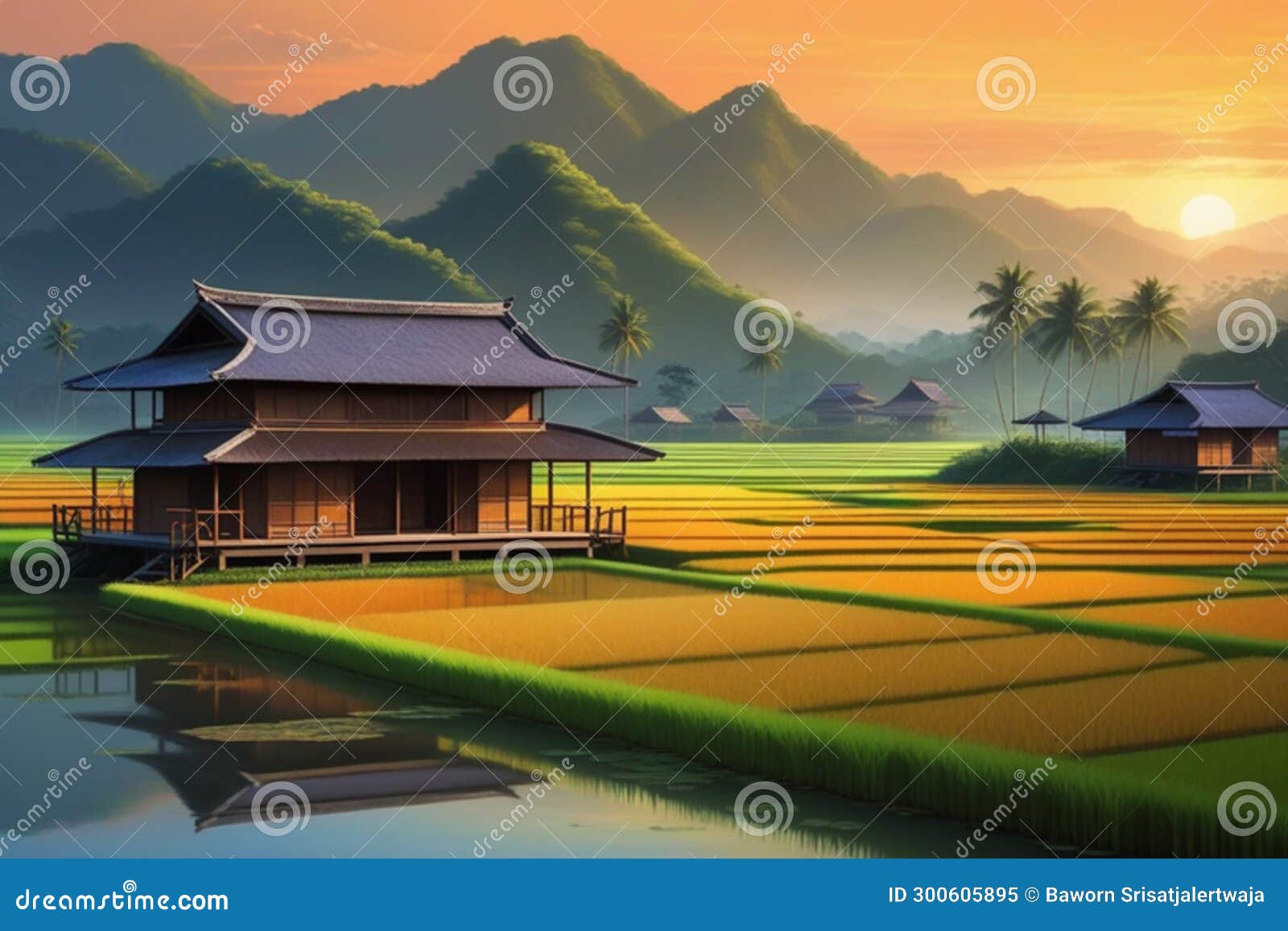 A View of a Peaceful Village. Village Houses with Rice and Paddy Fields ...