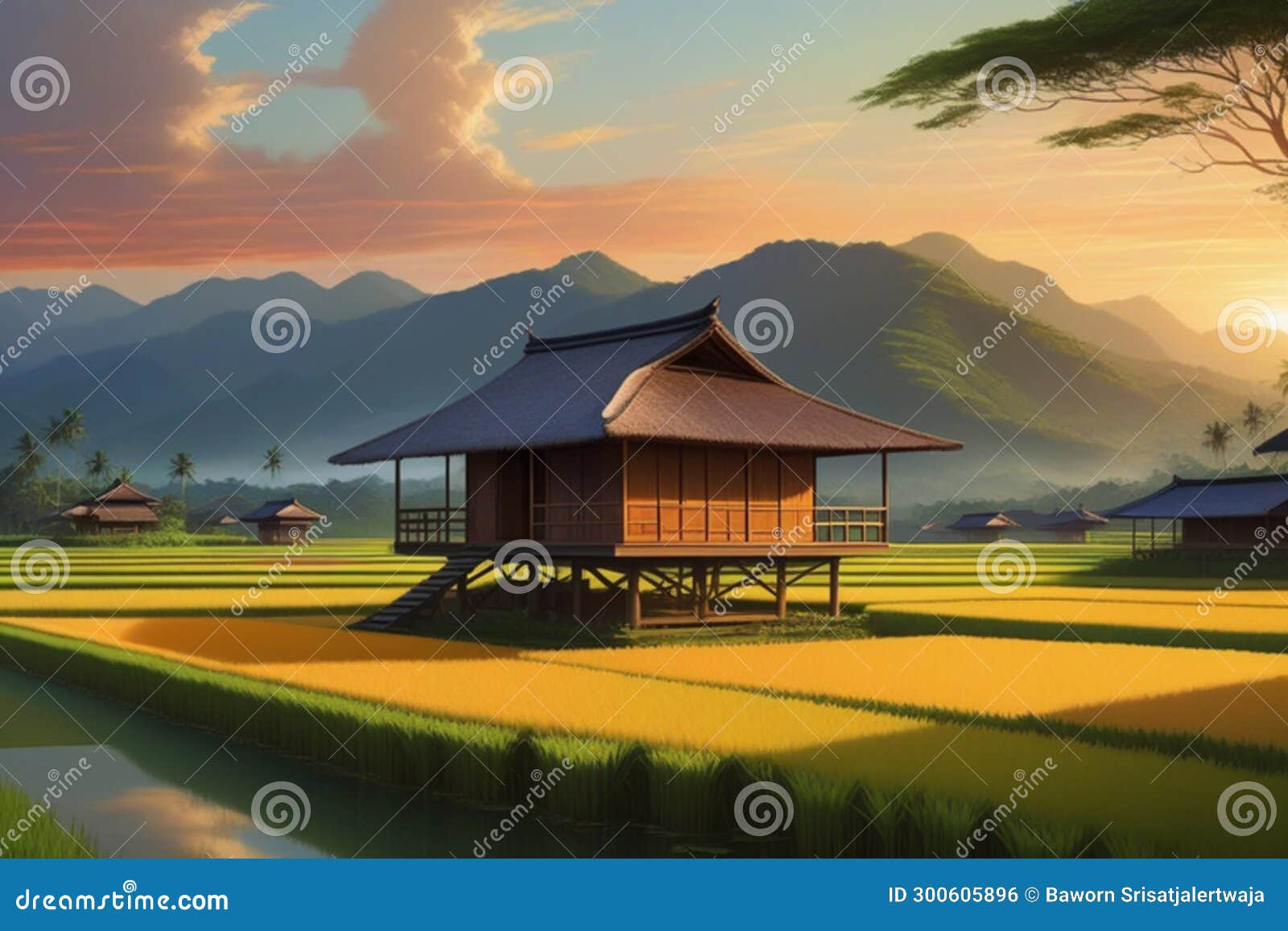 A View of a Peaceful Village. Village Houses with Rice and Paddy Fields ...