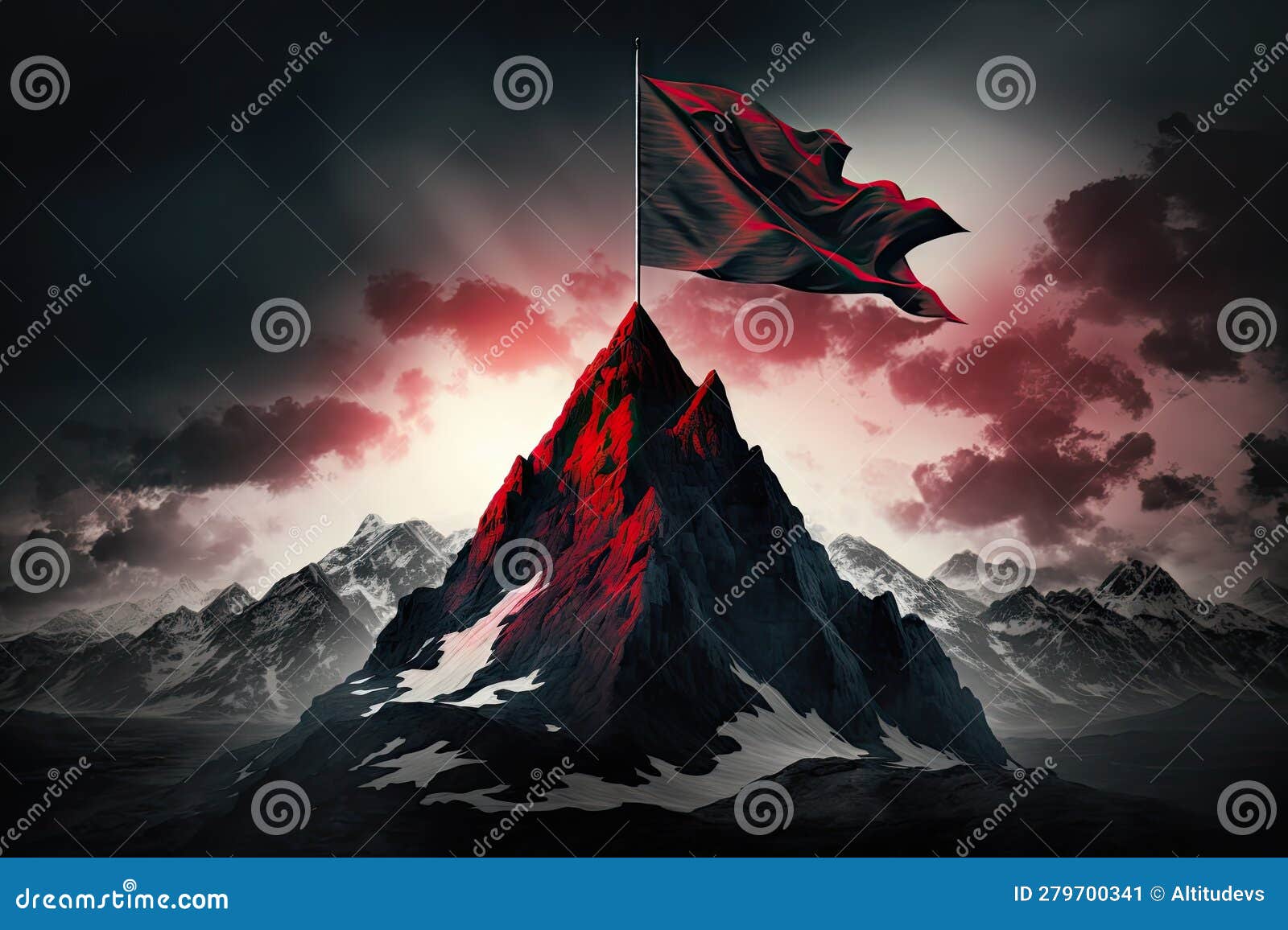 View of Peak with Red Flag, Dramatic Sunrise in the Background Stock ...