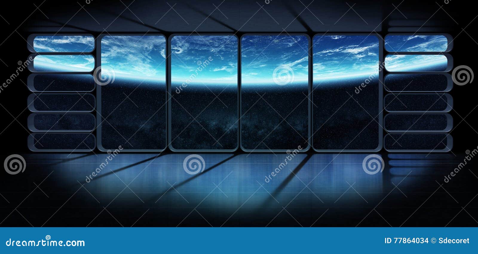 View of the Planet Earth from a Huge Spaceship Window 3D Rendering ...