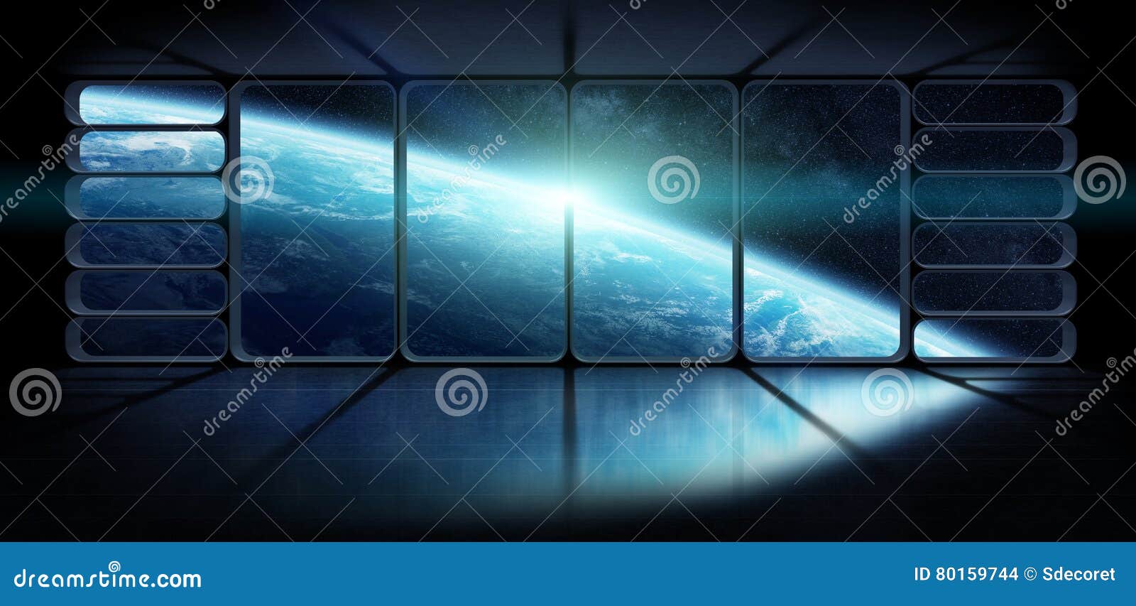 View of the Planet Earth from a Huge Spaceship Window 3D Rendering ...