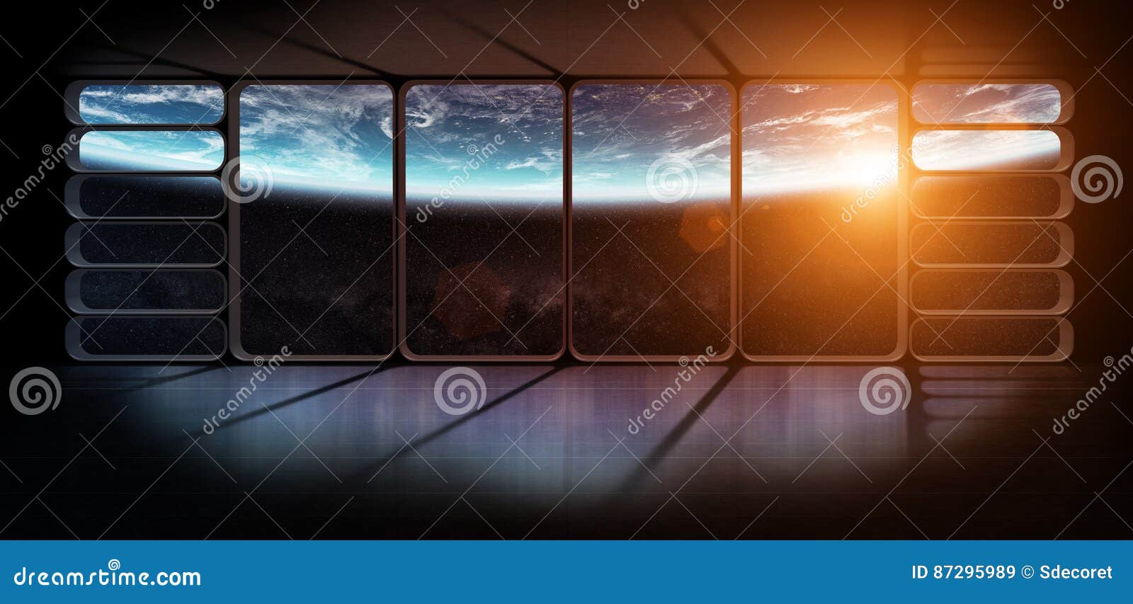 View of the Planet Earth from a Huge Spaceship Window 3D Rendering ...