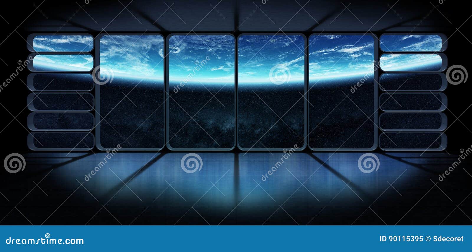 View of the Planet Earth from a Huge Spaceship Window 3D Rendering ...