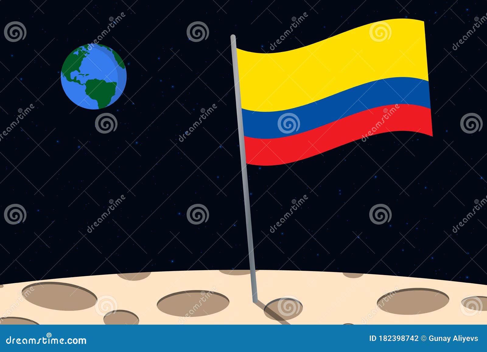 View of Planet Earth from the Surface of the Moon with the Ecuador Flag ...