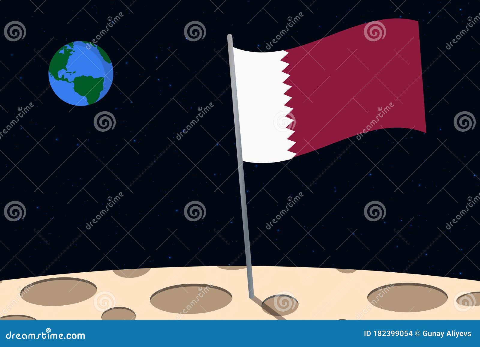 View of Planet Earth from the Surface of the Moon with the Qatar Flag ...